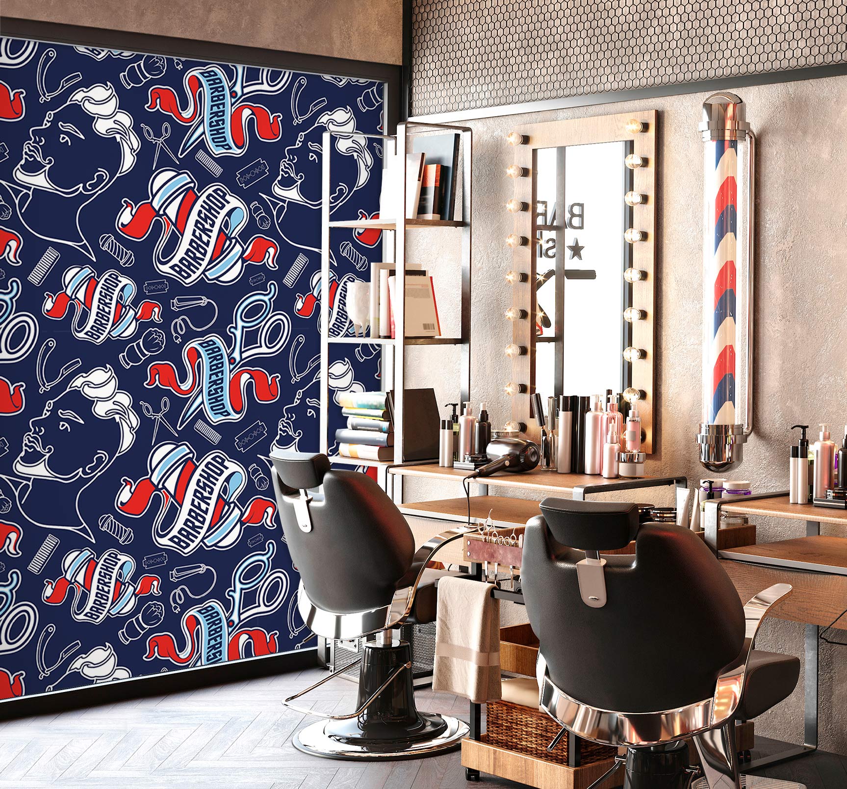 3D Men's Hairstyle Color Bar Scissors 115180 Barber Shop Wall Murals ...