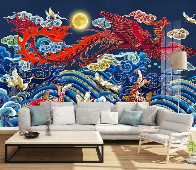 3D Red Phoenix Goldfish WC2772 Wall Murals | AJ Wallpaper